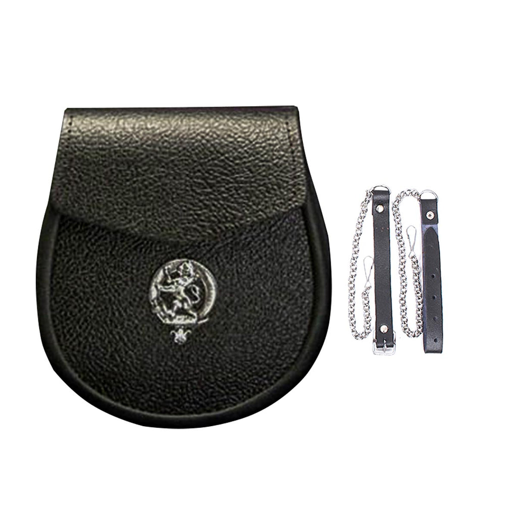 Clan Crest Sporran Black Grain Leather With Chain Belt | House Of Scotland